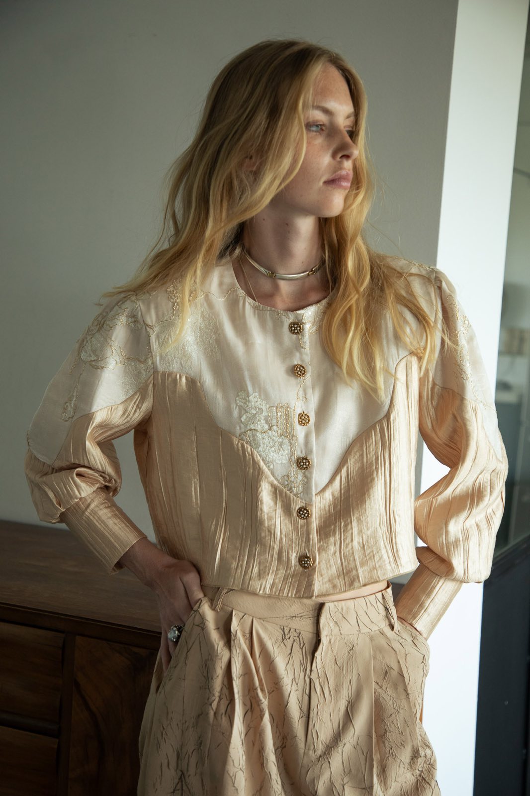 Nidodileda - Donovan Jacket Embroidered Crinkled - Light Gold - Hara Karakasi Boutique